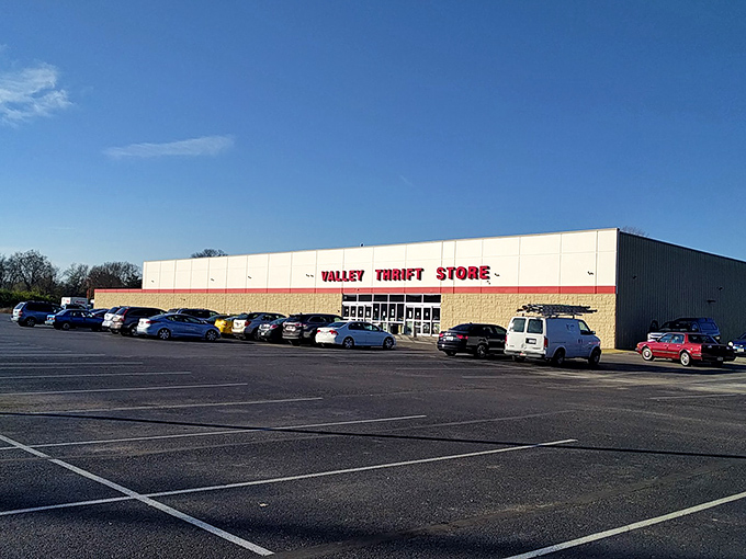 The parking lot at Valley Thrift – where minivans and pickup trucks gather in anticipation of being filled with newfound treasures.