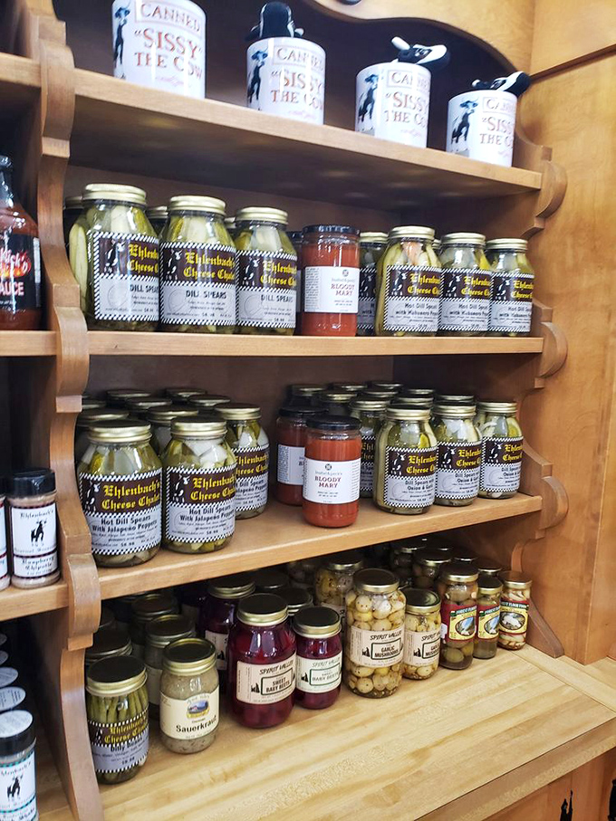 Pickle paradise—where cucumbers go to fulfill their vinegar-soaked destiny as the perfect tangy counterpoint to all that creamy cheese.