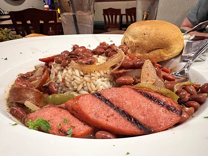 Red beans and rice with sausage—a humble dish transformed into something so satisfying it might just make you reconsider your life choices.