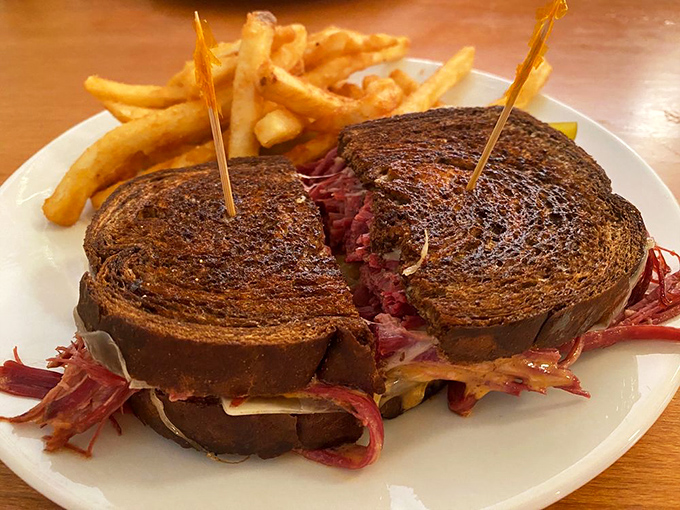 A Reuben sandwich that doesn't mess around – the kind that makes you wonder if you should cancel your afternoon plans and order another.
