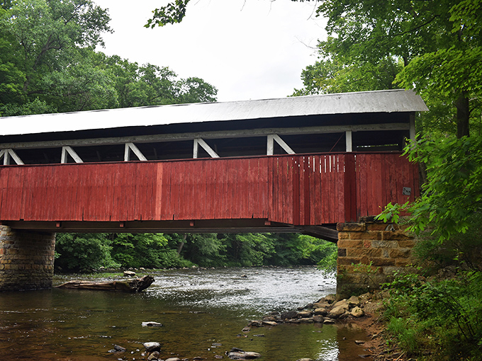 The side view reveals the bridge's elegant profile against summer greenery, proving that red and green work together beyond Christmas.