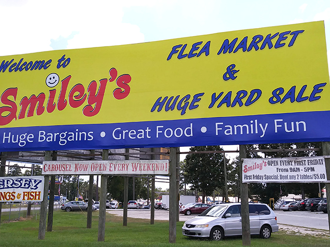 The promise of "Huge Bargains • Great Food • Family Fun" beckons from Smiley's cheerful yellow sign, a beacon for weekend adventurers.