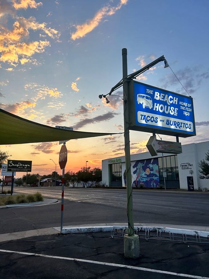 The sign against an Arizona sunset – nature's way of highlighting your next great meal destination.