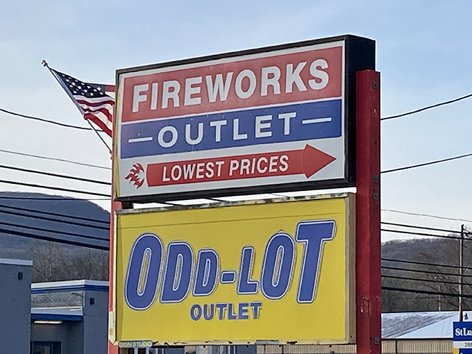 The roadside sign that beckons bargain hunters from miles around. Like a Vegas marquee, but promising jackpots of discounted treasures.