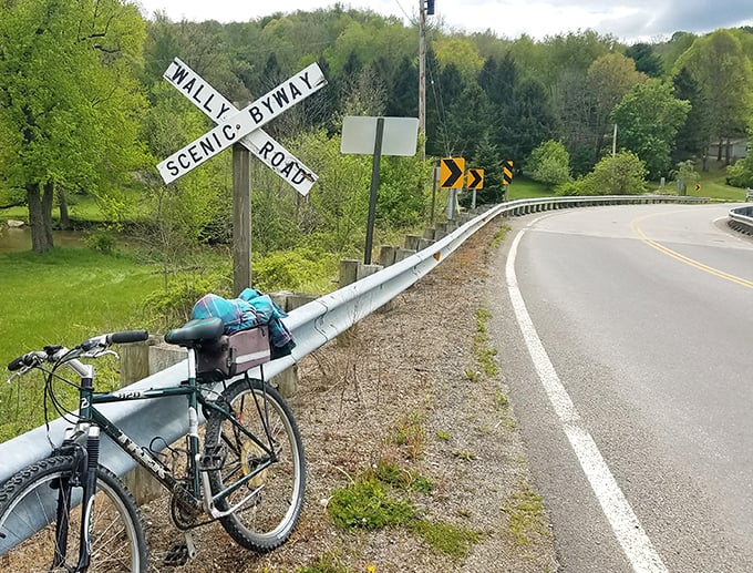 The intersection where roads become journeys. That leaning bicycle suggests someone found something worth stopping for—perhaps you should too.