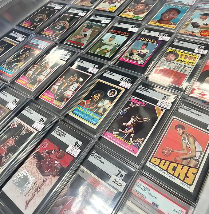 Sports history preserved under plastic—each card representing not just athletes but the collective memories of championships, heartbreaks, and heroes.