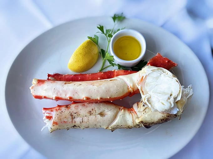 Alaskan king crab legs that require no embellishment beyond drawn butter – nature's perfect design meets simple culinary respect.