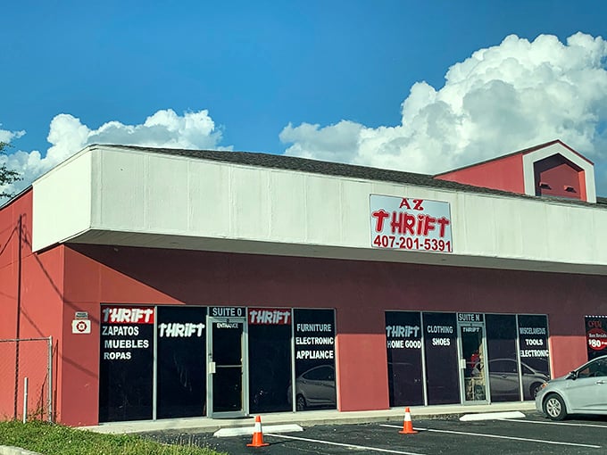 AZ Thrift's exterior on a perfect Florida day—blue skies above, blue-light bargain specials inside. The thrill of the hunt begins here.