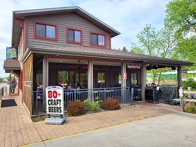Sugar River Pizza Company's outdoor dining area promises craft beer and artisanal pies in a setting that celebrates Wisconsin's casual charm.