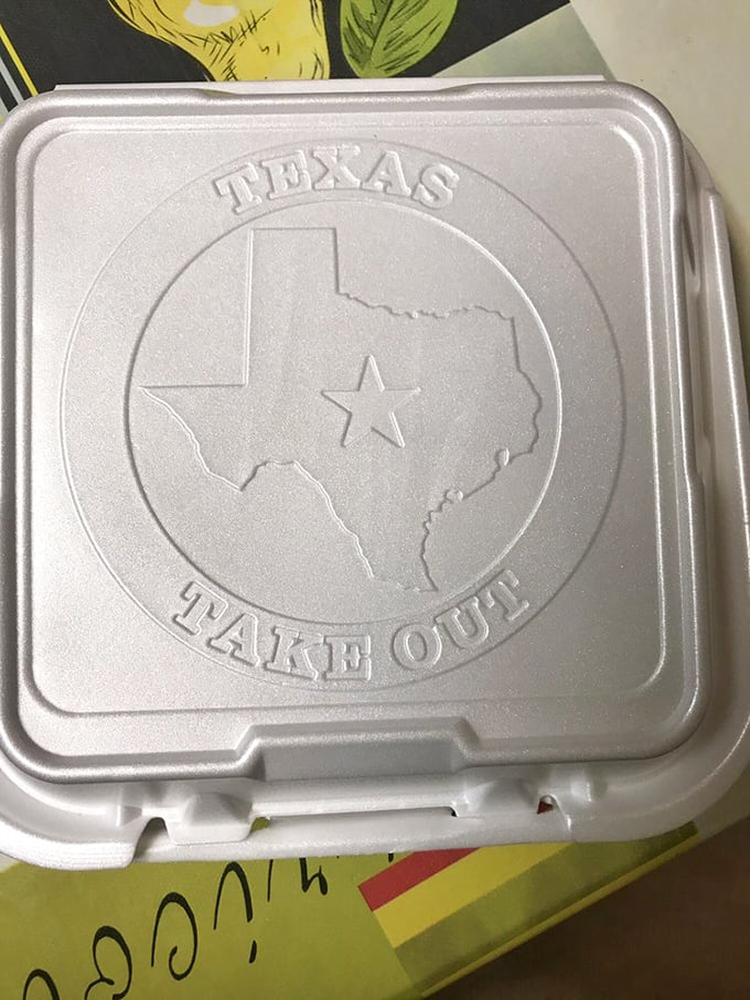 The takeout container proudly emblazoned with "TEXAS TAKE OUT"—because even leftovers deserve state pride.