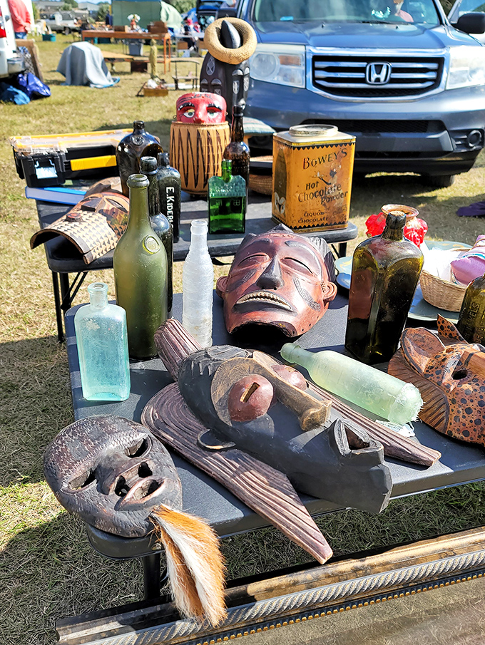 Conversation pieces that literally stare back at you. These masks and vintage bottles have stories to tell—if only they could talk.