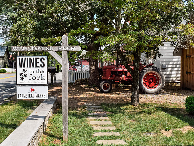 Where wine meets rural charm – this unassuming sign points to sophisticated sips in the most down-to-earth setting imaginable.