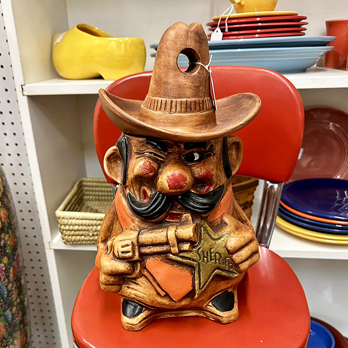 This ceramic sheriff doesn't just guard your knickknacks—he's giving you the side-eye for even considering that mass-produced decor at the mall.
