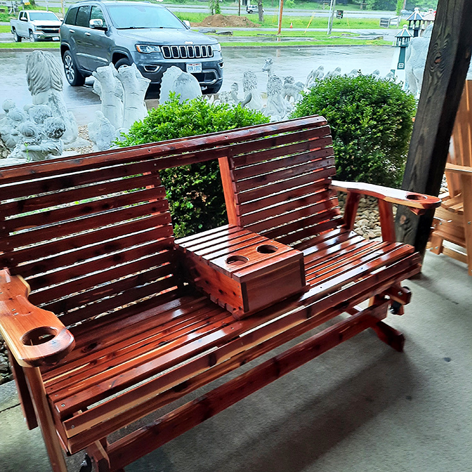 Not just a bench—it's an invitation to sit a spell and contemplate which treasures are coming home with you today.