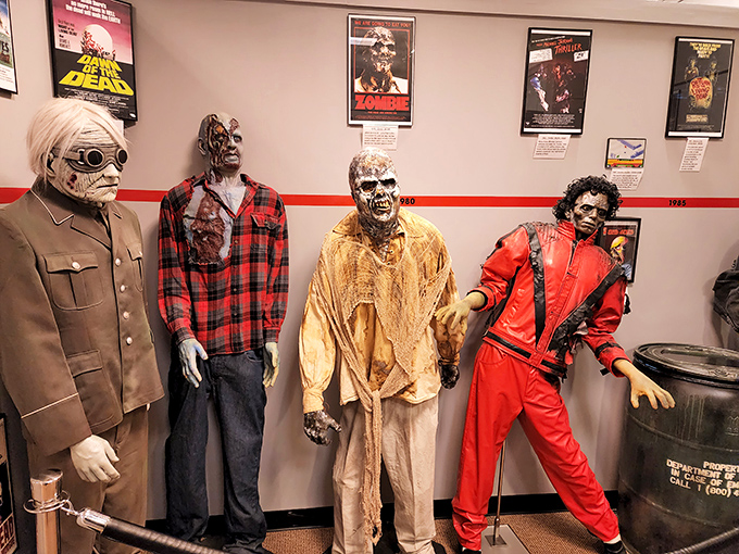 The zombie fashion lineup—from military to casual to "thriller"—shows that even the undead have diverse wardrobe choices.