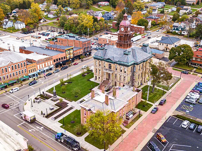 From above, Millersburg reveals its perfect balance – a historic courthouse anchoring a vibrant downtown, surrounded by neighborhoods where front porches still matter.