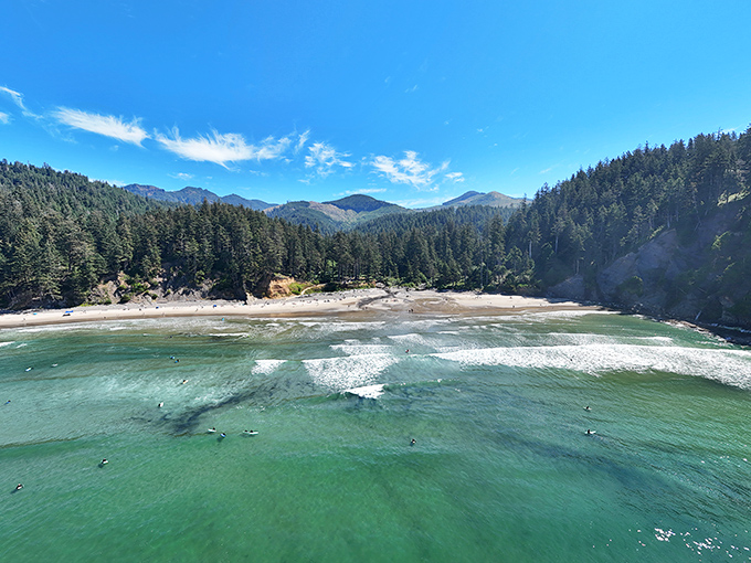 Heaven from above – this bird's-eye view reveals Short Sand's perfect horseshoe cove where emerald waters meet golden shores beneath forested guardians.