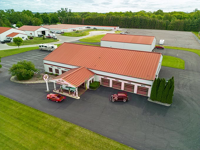 From above, Snook's reveals its true scale—a compound dedicated to automotive passion where every building houses wheeled treasures waiting to tell their stories.