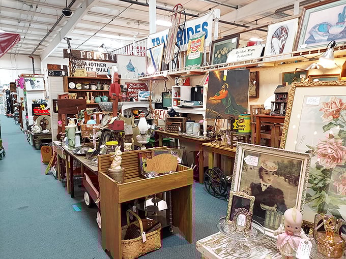 Vintage signs and forgotten artwork create a gallery where nostalgia is the featured artist and everything's for sale.