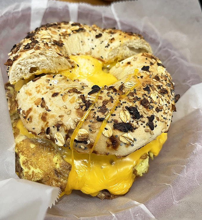 This isn't just breakfast—it's performance art. The everything bagel wearing a melted cheese halo deserves its own standing ovation.