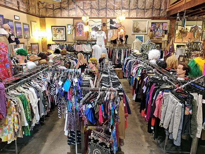 The clothing section: where vintage polyester party dresses hang alongside barely-worn contemporary finds, all waiting for their next night out.