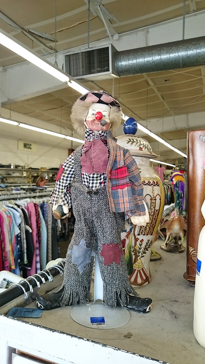 Not all treasures are practical—some are delightfully bizarre. This patchwork clown stands guard over the collectibles section, daring you not to smile.