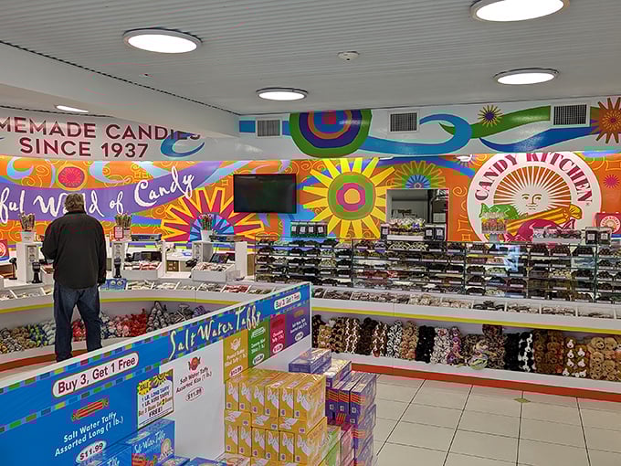 The counter area's vibrant murals and displays create a sensory overload that makes adults feel like kids again.