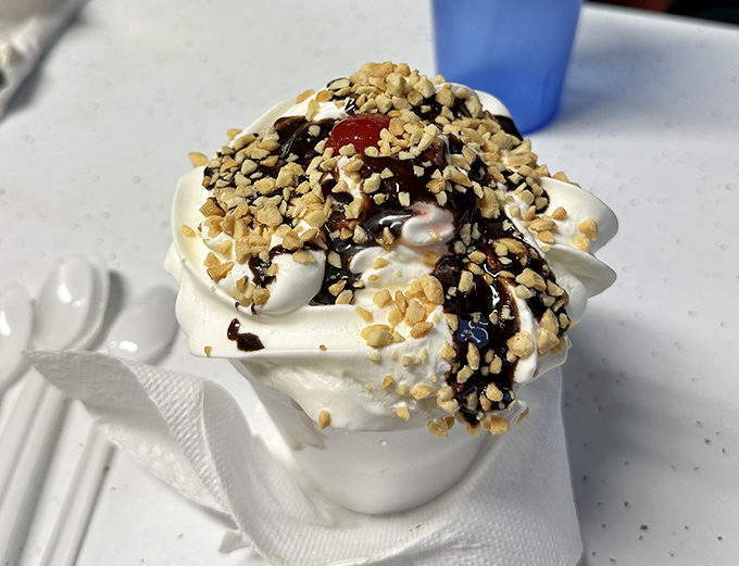 A mountain of whipped cream topped with chocolate and nuts. Diet plans come here to die happy deaths.