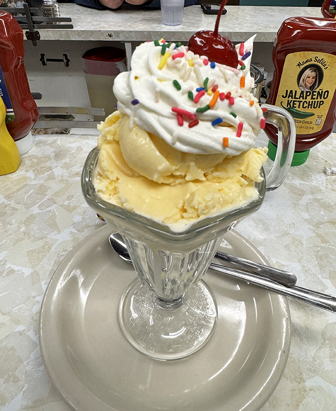 The crown jewel of desserts! This ice cream sundae—topped with whipped cream, sprinkles, and a cherry—is the exclamation point at the end of a perfect meal.