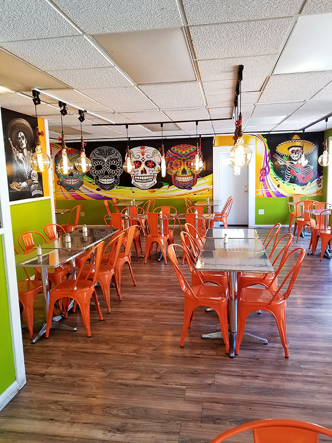 Día de los Muertos meets modern dining. The sugar skull mural watches over diners as they enjoy authentic Mexican cuisine in vibrant surroundings.