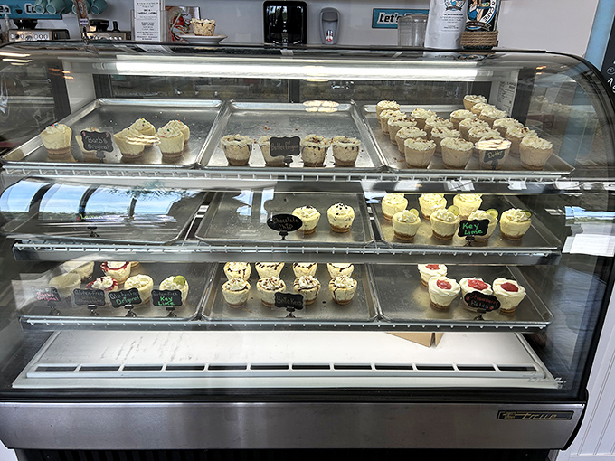 The display case of dreams—where tiny cheesecakes wait patiently for their forever homes. Adoption rates are understandably high.