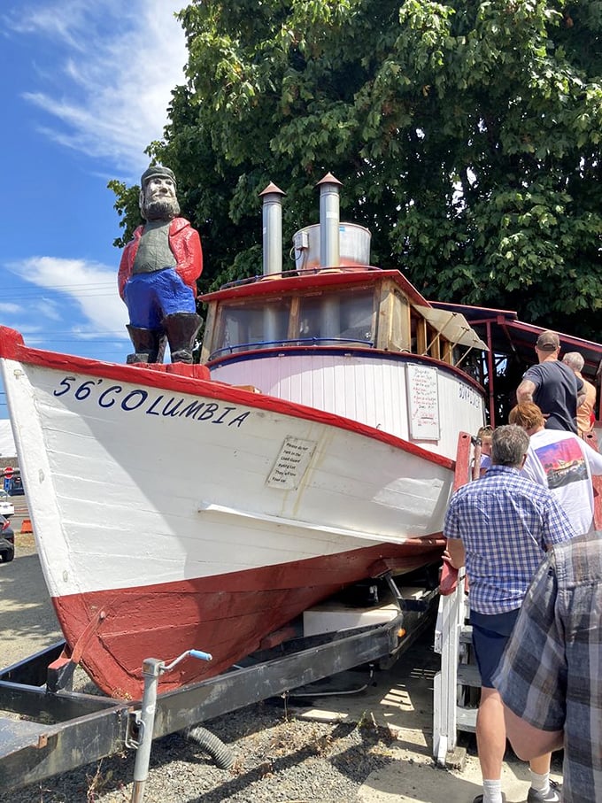 The "56 Columbia" proudly displays its maritime heritage while serving a higher purpose—bringing joy through perfectly fried tuna.