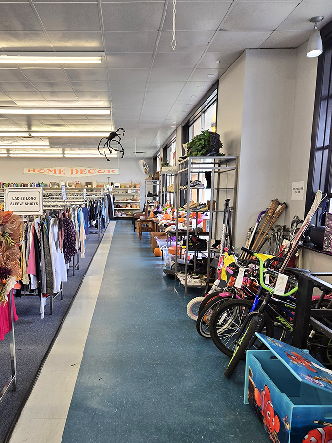 The perfect retail feng shui—clothing on the left, sporting goods on the right, and endless possibilities in between. The blue floor guides you through wonderland.