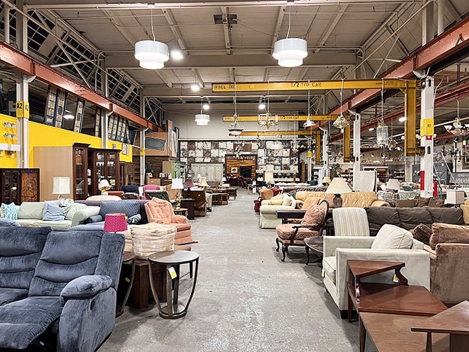 Sofas of every era create a textile timeline down this aisle, where your perfect reading nook is hiding among decades of design history.