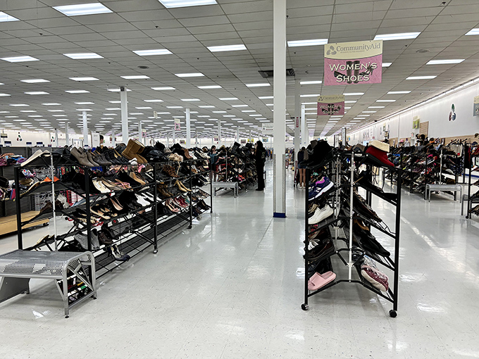 The women's shoe department stretches toward the horizon—a high-heeled highway of possibilities where designer labels hide among everyday brands.