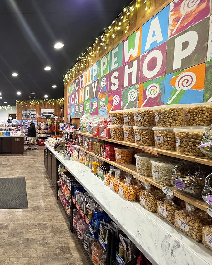 The colorful wall sign and popcorn display create a warm welcome that says, "Diet starts tomorrow!"