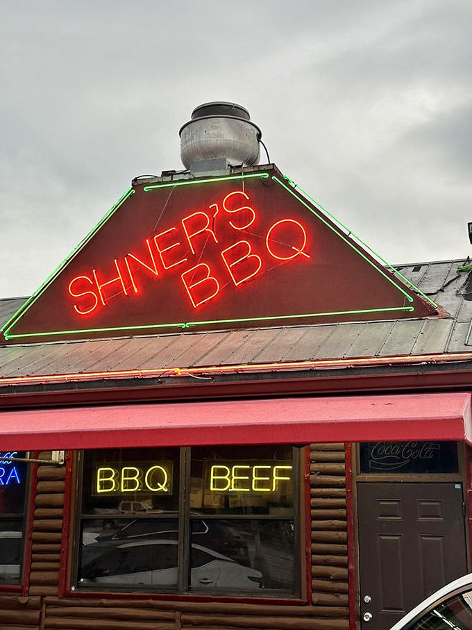 That neon sign glowing against the Florida sky – not just advertising barbecue, but promising a moment of pure, smoky bliss.