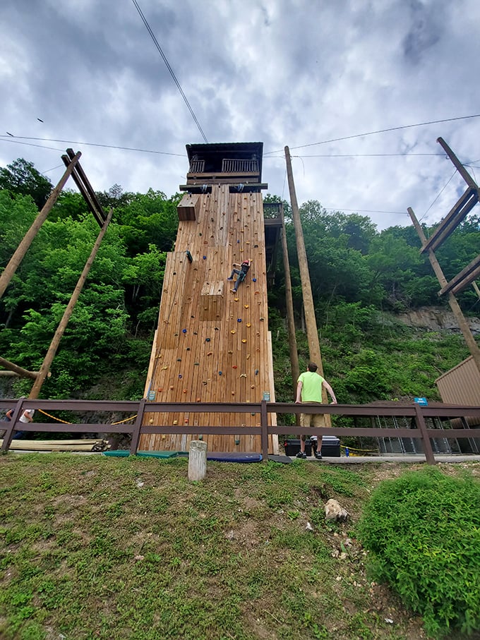 The climbing wall offers above-ground adventure after exploring below. From stalactites to heights—Meramec Caverns covers all dimensions of outdoor fun.