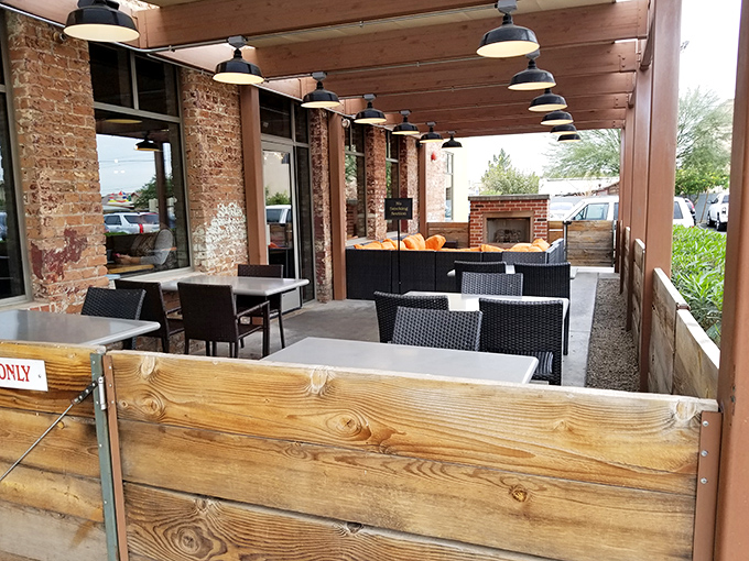 The outdoor seating area offers a moment of desert tranquility—because sometimes you need a breather between bites of that life-changing fried chicken.