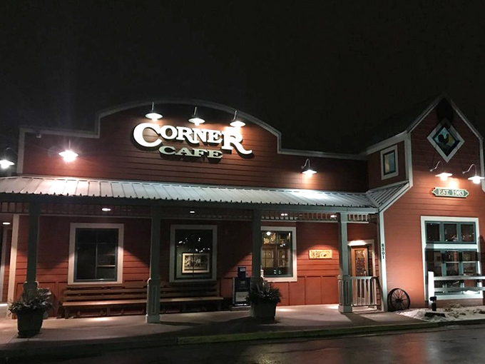 Even at night, the Corner Cafe's warm glow serves as a beacon for comfort food seekers—proof that breakfast cravings know no time constraints.