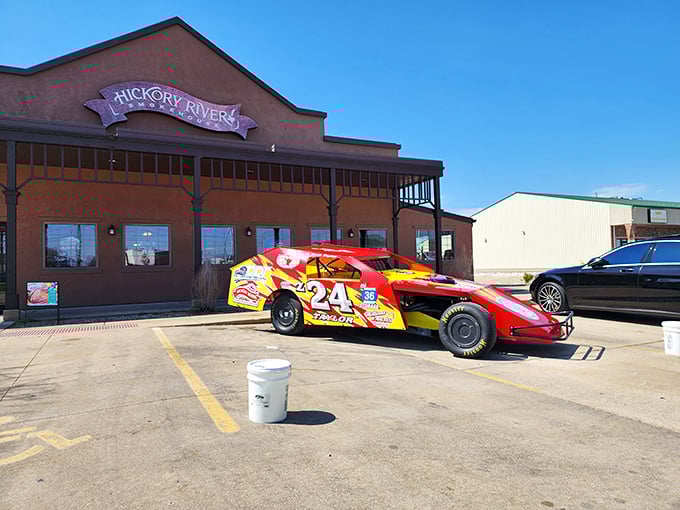 Even the parking lot knows what's up—race cars stop by for the same reason you did: life's too short for mediocre barbecue.