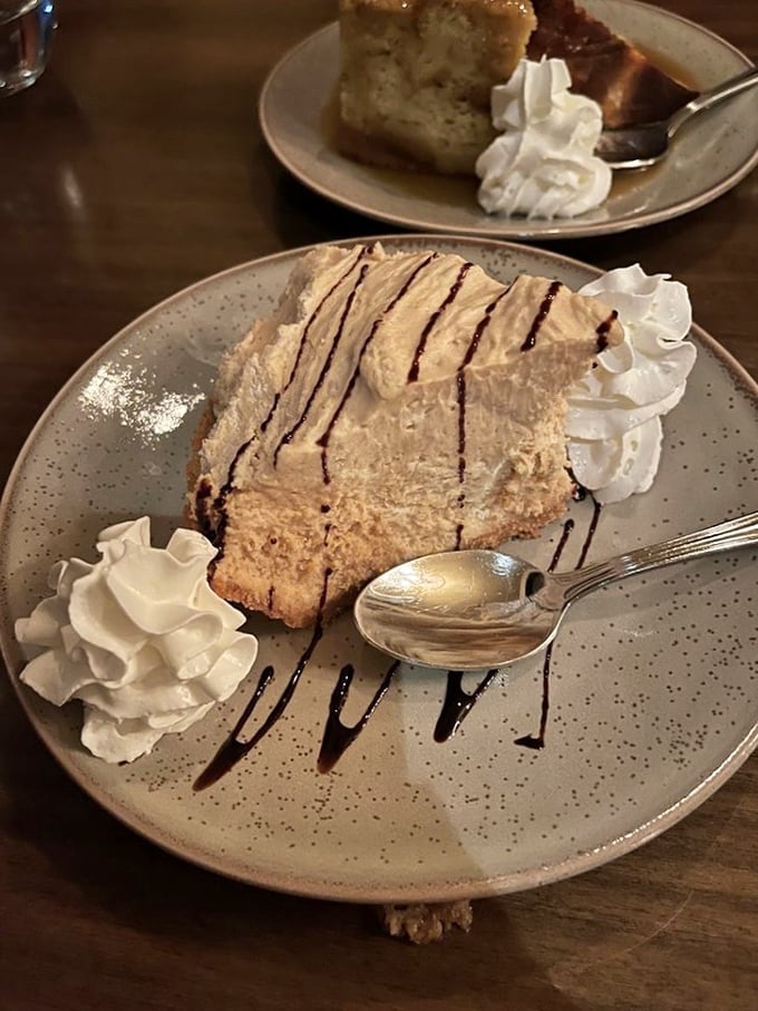Pie that makes you reconsider your relationship with dessert. That chocolate drizzle isn't just decoration—it's a commitment to excellence.