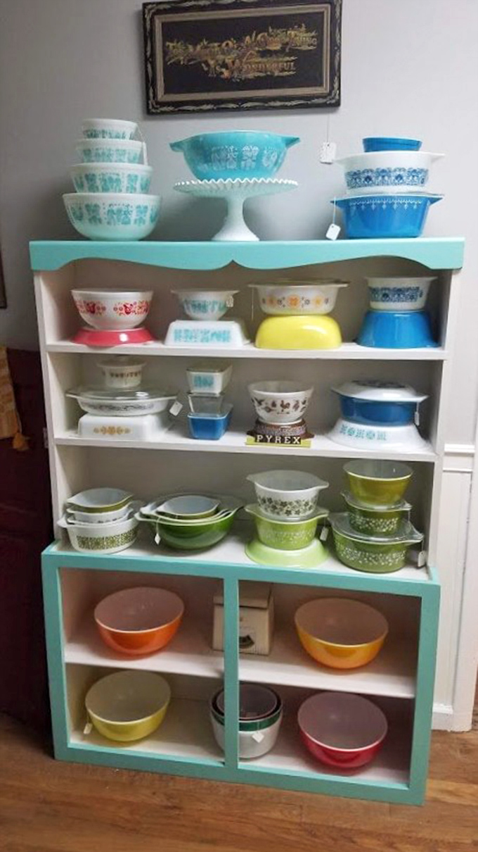 The holy grail for vintage kitchenware enthusiasts—Pyrex bowls in colors that defined mid-century kitchens, each pattern a time capsule of American dining.