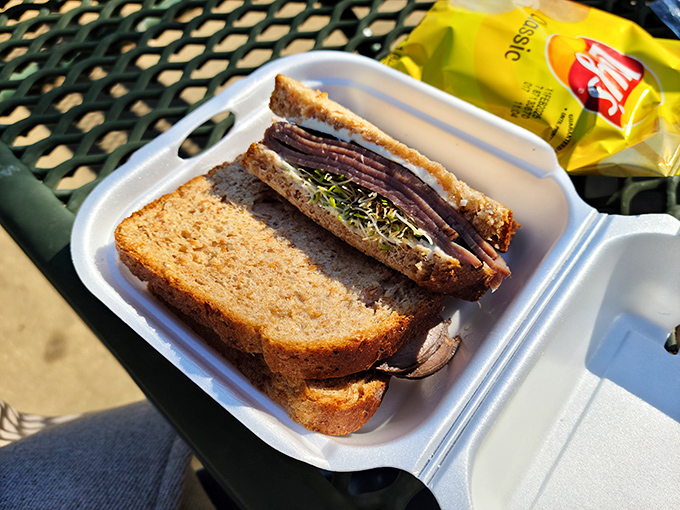 This roast beef sandwich isn't just lunch—it's an achievement in engineering. Thin-sliced beef and fresh sprouts create the architectural marvel you didn't know you needed.