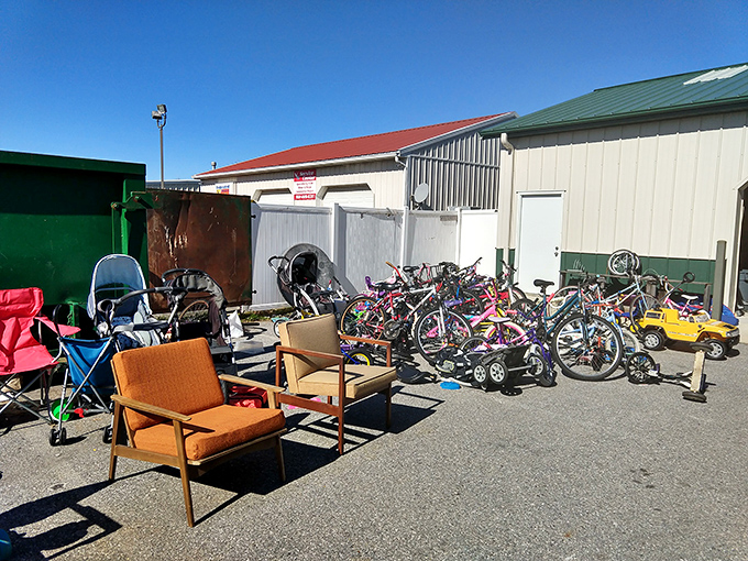 The outdoor overflow area—where bicycles, garden furniture, and childhood dreams find themselves temporarily parked between adventures.