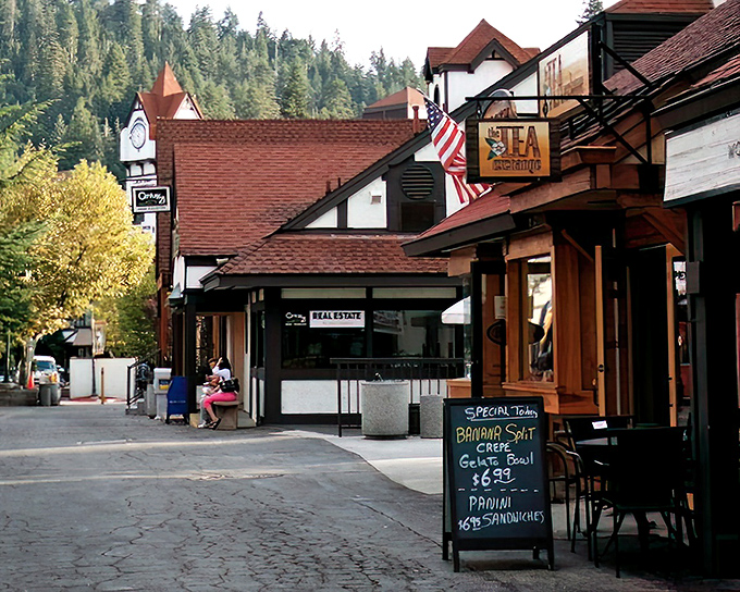 Village shops invite afternoon strolling, where a banana split crepe tempts passersby with the universal language of dessert.