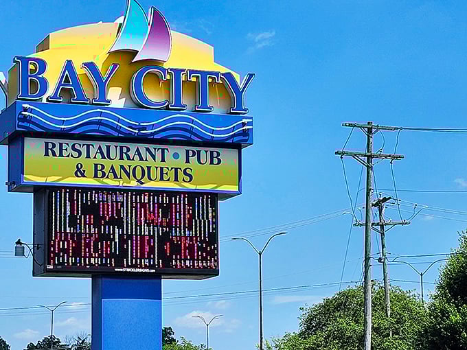 The Bay City sign stands tall against the Pennsylvania sky – a beacon for seafood lovers from miles around.