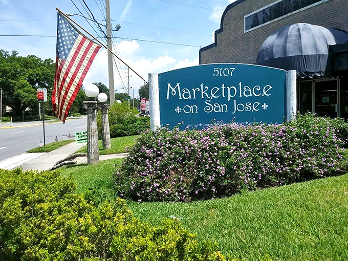 The welcoming sign and American flag announce you've arrived somewhere special—like finding the X on a treasure map marked "style."