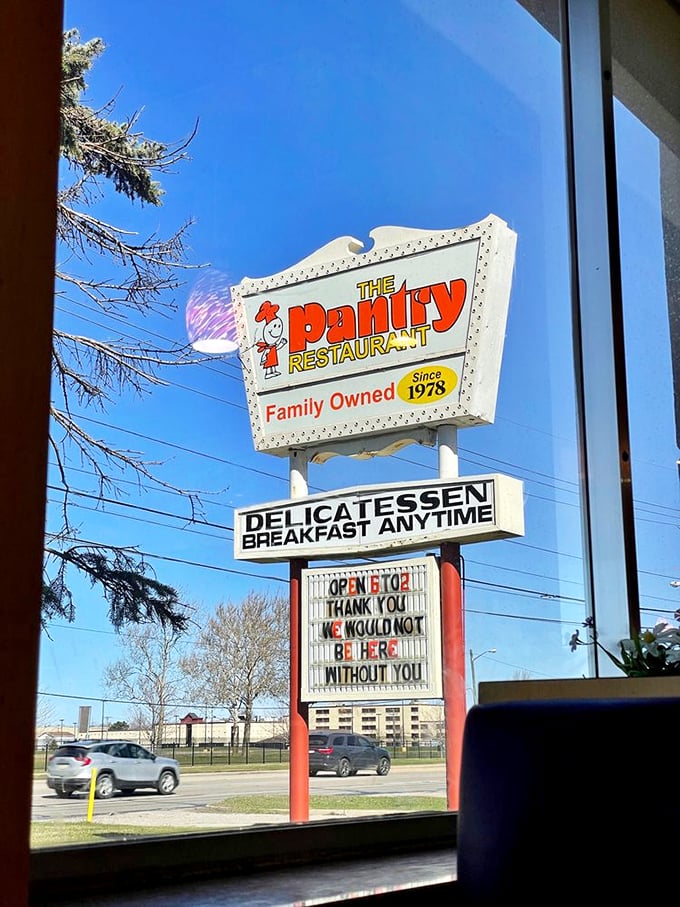 The sign says it all – family-owned since 1978, serving "Breakfast Anytime" with a side of gratitude that feels as genuine as their pancake recipe.