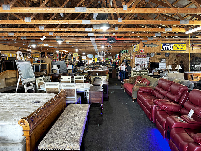 Comfortable seating invites weary shoppers to rest while contemplating their next purchase in this treasure-filled wonderland.